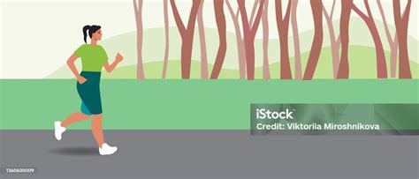 공원에서 조깅하는 여자 플랫 벡터 스톡 일러스트레이션 스포츠 또는 활동으로 조깅 자연에서 러너 공원에서 숲에서 신체 활동 개념으로 건강한 생활방식에 대한 스톡 벡터 아트 및