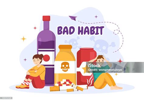 플랫 만화 손으로 그린 랜딩 페이지 템플릿에서 패스트 푸드 또는 알코올 병을 먹는 것과 같은 건강에 해로운 생활 방식을 가진 나쁜 습관 벡터 일러스트레이션 Drug에 대한