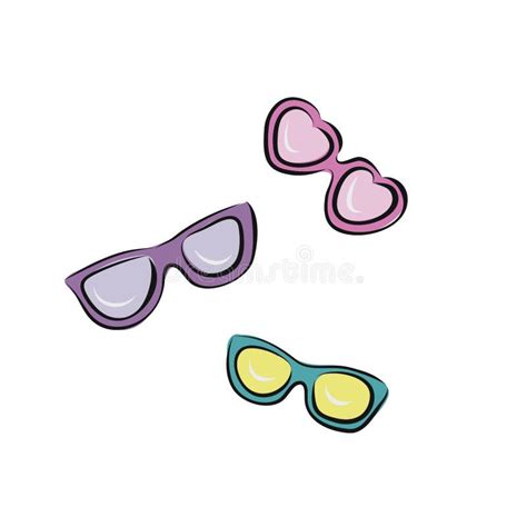 Doodle Hand Drawn Sunglasses Set Vector Summer Illustration Stock
