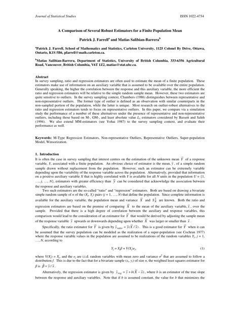 PDF A Comparison Of Several Robust Estimators For A Finite Population Mean