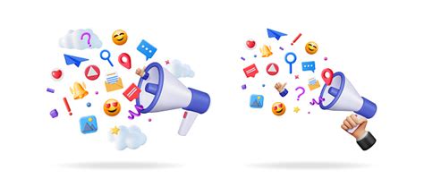 두 개의 3d 렌더링 메가폰은 소셜 미디어 아이콘과 디지털 마케팅 기호를 퍼뜨립니다 광고 프로모션 및 뉴스 개념 3차원 형태에 대한 스톡 벡터 아트 및 기타 이미지 Istock