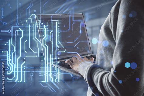 Hacker Hands Holding Laptop Keyboard With Creative House Chip Circuit Hologram On Blurry Office