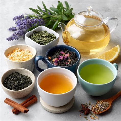 Assorted Herbal And Green Teas With Teapot Spices And Lemons On Stone