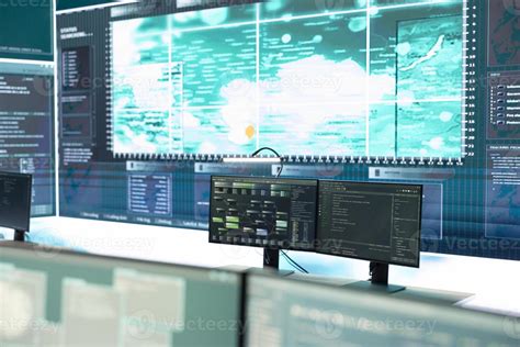 High Tech Governmental Cyber Security Room Without Staff At Work Preventing Cyber Threats