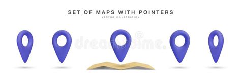 Realistic D Map With Set Of Blue Pointer In Different Views Isolated On White Background