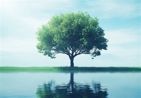 A Solitary Tree Stands On A Grassy Expanse Beside A Calm Body Of Water