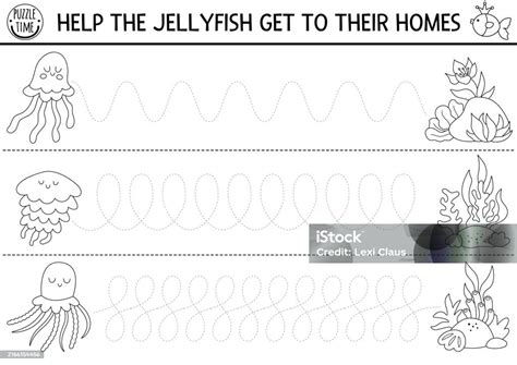 벡터 손글씨 연습 워크시트 와 해파리와 해초 집 미취학 아동을 위한 바다 왕국 인쇄 가능한 흑백 활동 추적 게임 쓰기 기술을 위한 색칠 공부 페이지 0명에 대한 스톡 벡터
