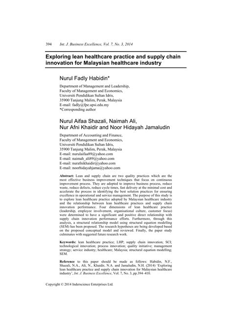 Pdf Exploring Lean Healthcare Practice And Supply Chain Innovation For Malaysian Healthcare
