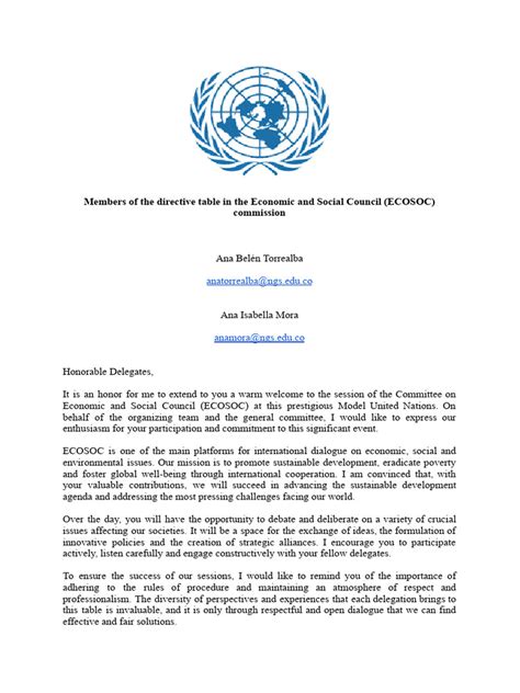 Members Of The Directive Table In The Economic And Social Council