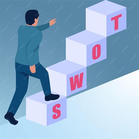 Swot 단어에서 계단을 올라가는 남자 Swot 분석의 일러스트 강점 약점 기회와 위협 프리미엄 벡터