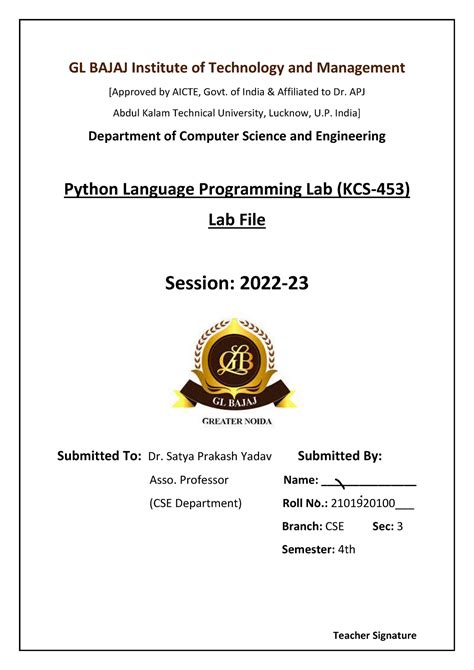 Python Language Programming LAB Format Manikya Teacher Signature GL BAJAJ Institute Of