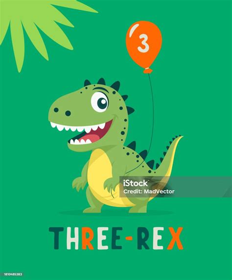 공룡 티라노사우르 삼렉스 만화 타이어 3 년 동안 어린이를위한 생일 축하 카드 벡터 귀엽고 재미있는 만화 손 풍선을 들고 공룡을