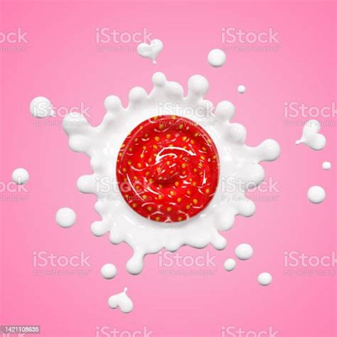 딸기 잼 요구르트 스플래쉬 핑크 배경의 음식 일러스트레이션 3d 렌더링으로 우유 튀김 물감 방울에 대한 스톡 사진 및 기타