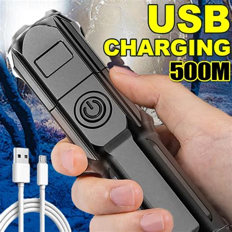 휴대용 LED 강한 빛 손전등 줌 토치 USB 충전식 고출력 야외 캠핑 낚시 램프 방수 손전등