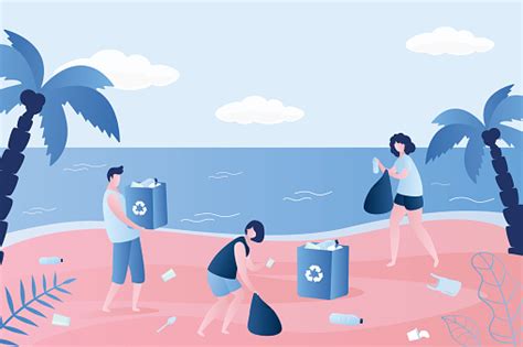 해변 지역에서 쓰레기를 청소하는 자원 봉사자 해안가 나 해변에서 쓰레기를 수거하는 자원봉사 남녀 개념에 대한 스톡 벡터 아트 및 기타 이미지 Istock