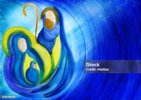 베들레헴 출생 장면 조셉 메리와 아기 예수 거룩한 가족을 대표하는 추상적인 수채화 크리스마스 장면 그림 파란 별이 빛나는 배경 복사 공간 메리 크리스마스 크리스마스에 대한