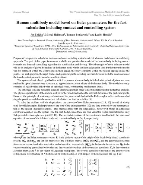 PDF Human Multibody Model Based On Euler Parameters For The Fast Calculation Including Contact