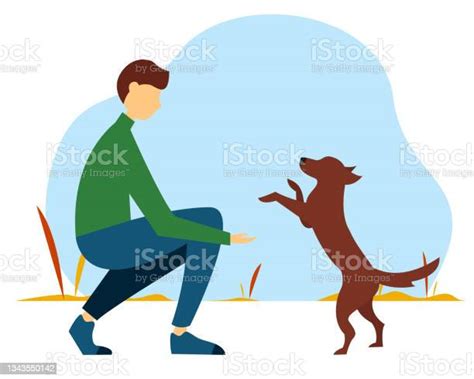 공원에서 개와 놀고있는 남자 플랫 스타일로 귀여운 가을 벡터 일러스트 10월에 대한 스톡 벡터 아트 및 기타 이미지 10월