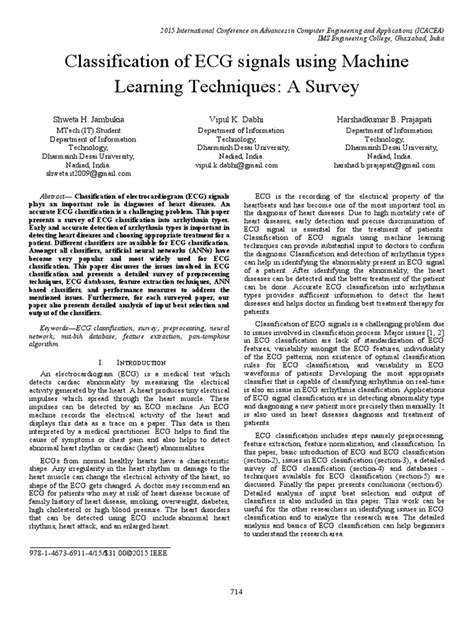 Classification Of Ecg Signals Using Machine Learning Techniques A Survey Pdf