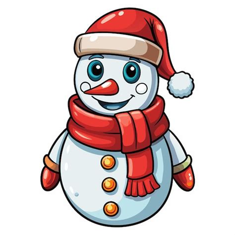 산타 모자와 스카프를 입은 귀여운 스노우맨 만화 터 일러스트레이션 프리미엄 Ai 생성 벡터