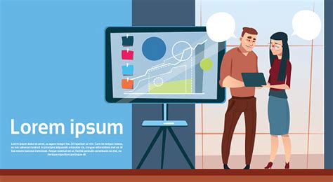 비즈니스 남녀 플립 차트 세미나 교육 회의 프레 젠 테이 션 금융 그래프를 브레인 스토밍 경영자에 대한 스톡 벡터 아트 및 기타