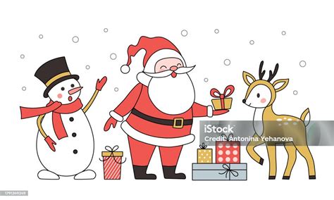 크리스마스 카드 산타 클로스 순록 눈사람 벡터 일러스트 레이 션입니다 가공의 인물에 대한 스톡 벡터 아트 및 기타 이미지