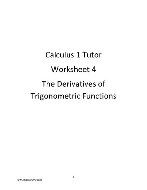 Calculus 1 Tutor Worksheet 4 Derivatives Of Trigonometric Functions Pdf