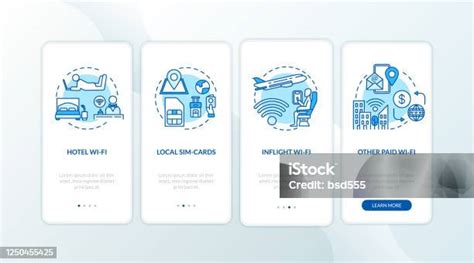 유료 Wifi 및 로컬 Sim 카드 온보딩 모바일 앱 페이지 화면개념 호텔 및 기내 Wifi 연습 4단계 그래픽 지침 Rgb 색상 그림이 있는 Ui 벡터 템플릿 그래픽