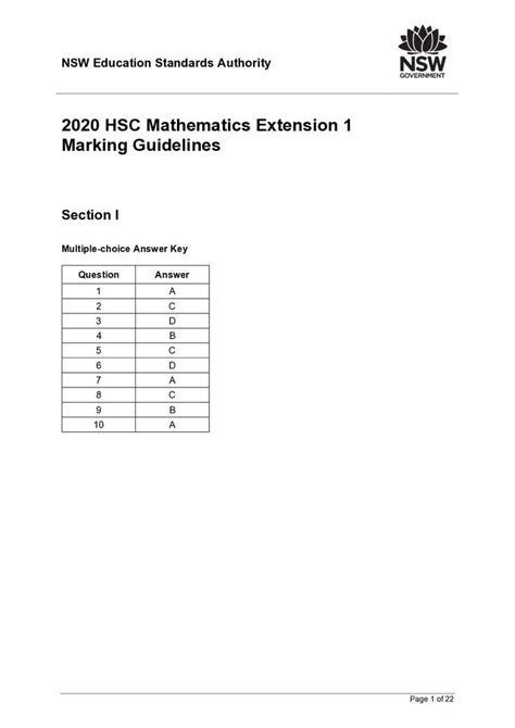 2020 Hsc Mathematics Extension 1 Marking Guidelines Past Exam Papers Past Exams Answer Keys