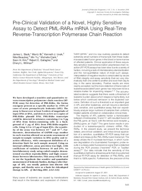 Pdf Pre Clinical Validation Of A Novel Highly Sensitive Assay To Detect Pml Rarα Mrna Using