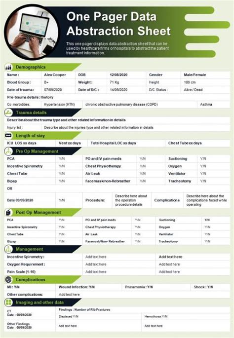 One Pager Data Abstraction Sheet Presentation Report Infographic Ppt Pdf Document Presentation
