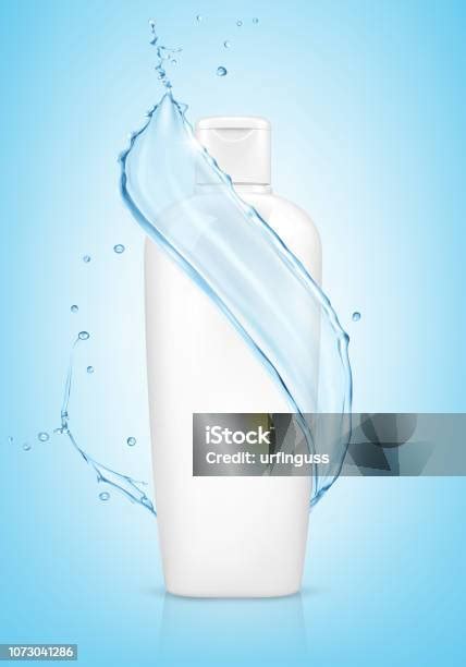 벡터 일러스트 레이 션 크림 로션 화장품 우유 우유 스플래시와 파란색 배경에 흰색 병에 손과 얼굴에 대 한 3차원 형태에 대한
