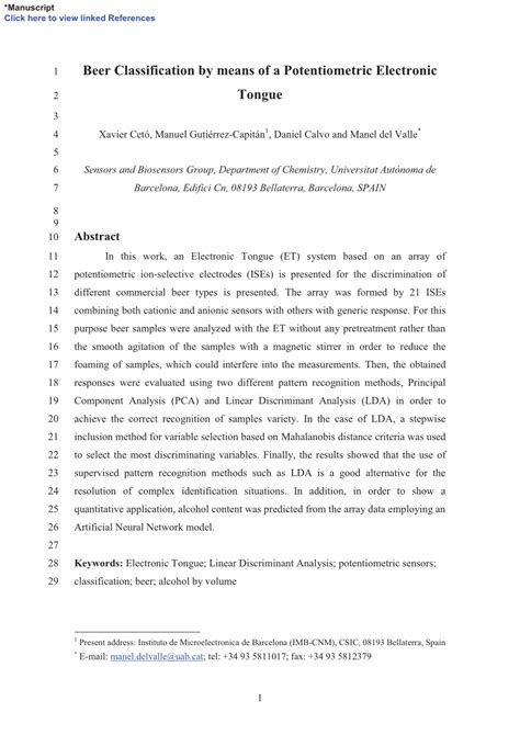 Pdf Beer Classification By Means Of A Potentiometric Electronic Tongue