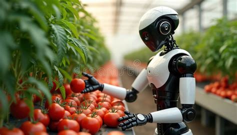 Futuristic Robot Harvests Tomatoes In Greenhouse Automated Farming System Picks Ripe Produce