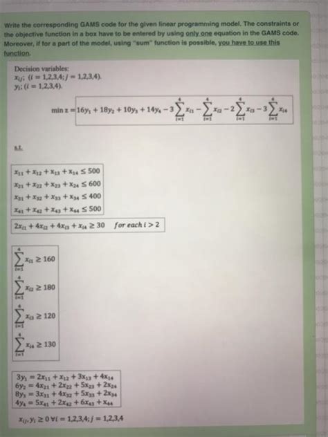 solved write the corresponding gams code for the given