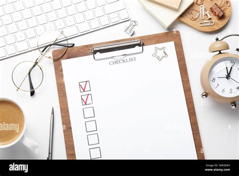 Checklist With Marked Checkboxes Stationery Glasses Coffee And Computer Keyboard On White