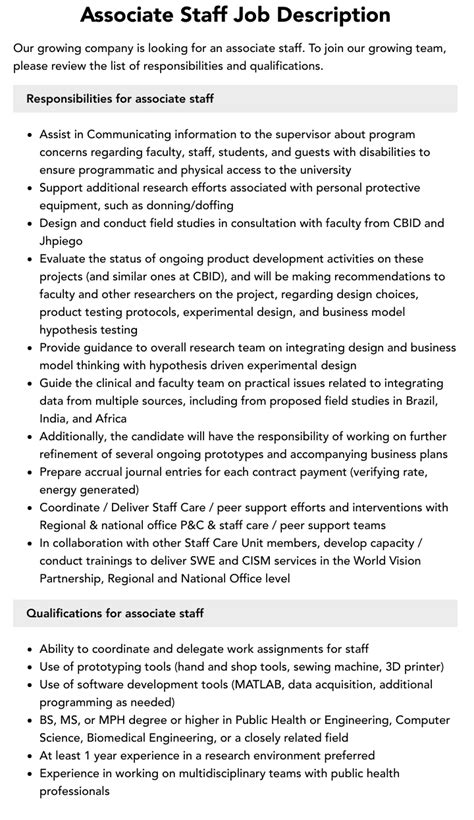 Associate Staff Job Description Velvet Jobs
