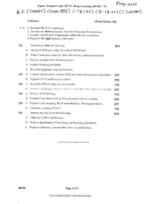 VIII CS Deep Learning DL 2019 QUESTION PAPER Paper Suhject Code 52772 Deep Learning