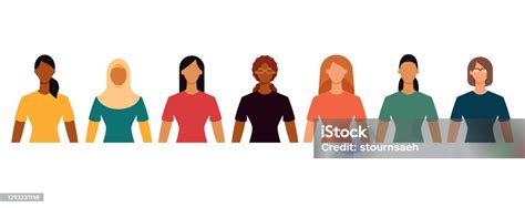 캐주얼 한 옷을 입고 다양한 여성 학생그룹 최소한의 얼굴 없는 문자 아이콘 흰색으로 격리된 플랫 디자인 벡터 일러스트레이션입니다 개념에 대한 스톡 벡터 아트 및 기타 이미지