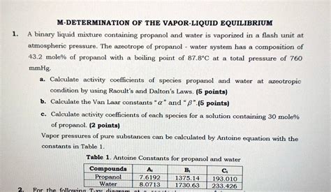 Solved Texts M Determination Of The Vapor Liquid Equilibrium 1 A Binary Liquid Mixture