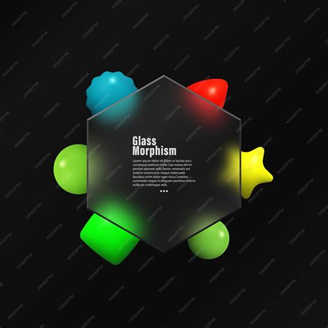 유리 모피즘 스타일의 육각형 벡터 배너 Ui 디자인 템플릿 어두운 배경에 기하학적 색 도형이 있는 육각형 프리미엄 벡터