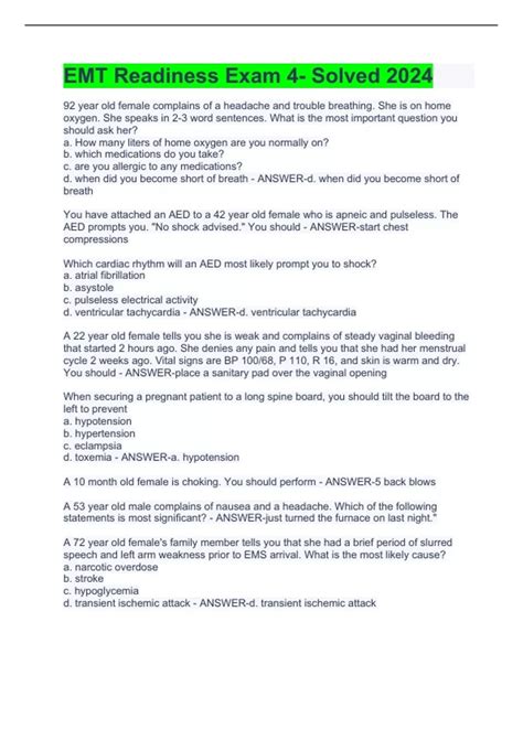 EMT Readiness Exam Solved EMT Readiness Stuvia US