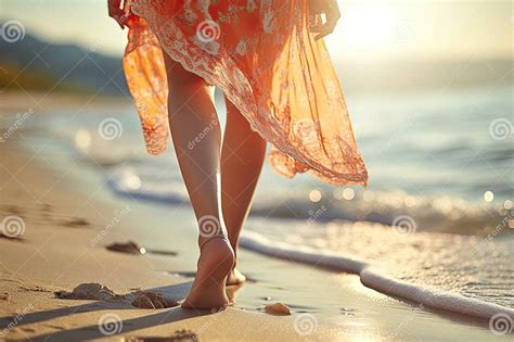 Woman Walks Barefoot On The Beach Ai Generated Stock Illustration