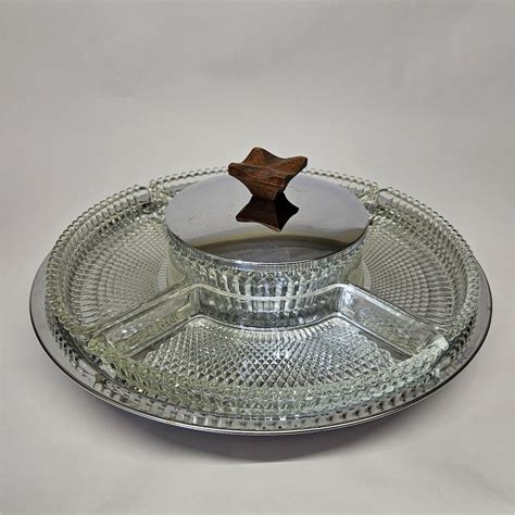 club products lazy susan crystal glass chrome relish tray american