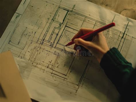 Detailed Architectural Blueprint Layout With Hand Using Red Pen For