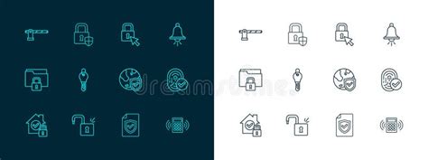 Set Line Ringing Alarm Bell Open Padlock Shield With World Globe Contract Shield Key Lock