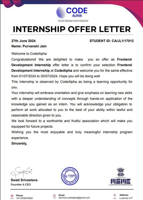 Purvanshi Jain On Linkedin Internship Frontenddevelopment Careergrowth Newbeginnings Codealpha