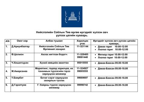 Иргэдийг хүлээн авч уулзах цагийн хуваарь