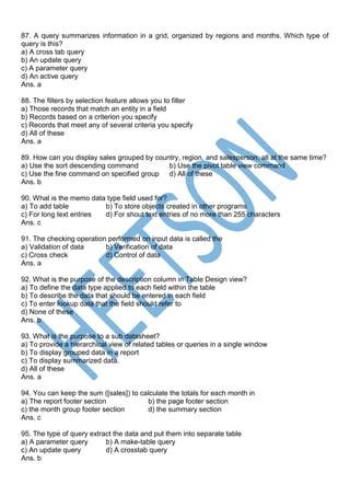 MS Access MCQ Questions Microsoft Office PDF