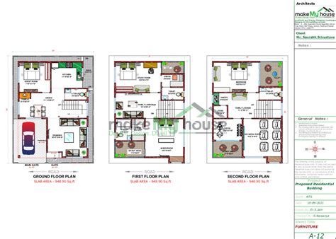 Modern Triplex House Plan For 30x40 West Facing Plot